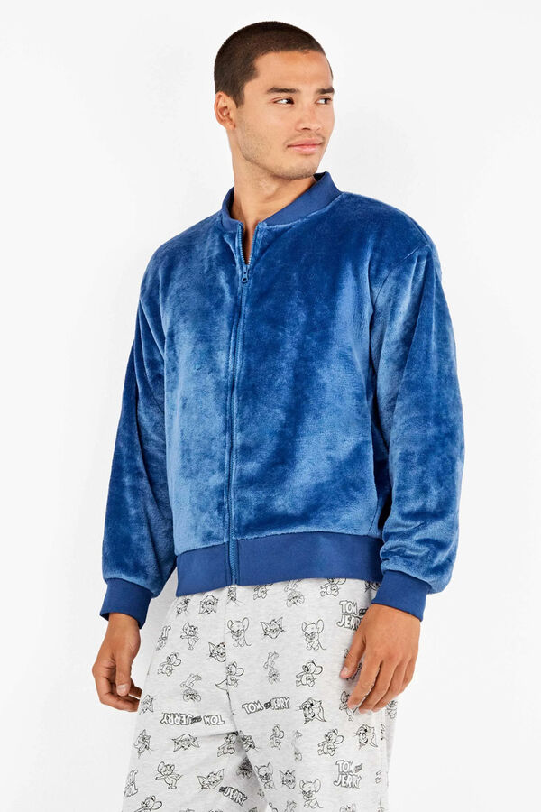 Men's blue plush bomber jacket