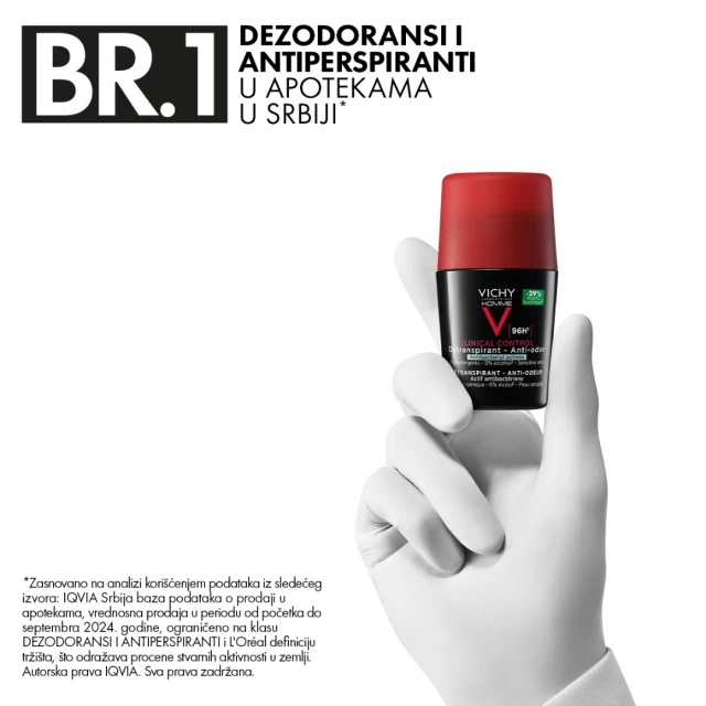 VICHY HOMME CLINICAL CONTROL ROLL-ON DEZODORANS 50 ML – EKSTREMNA ZAŠTITA PROTIV NEPRIJATNIH MIRISA DO 96H
