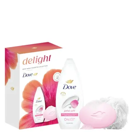 Dove Ženski kozmetički set Delight petal, Gel za tuširanje 250ml + sapun 90g + pufna