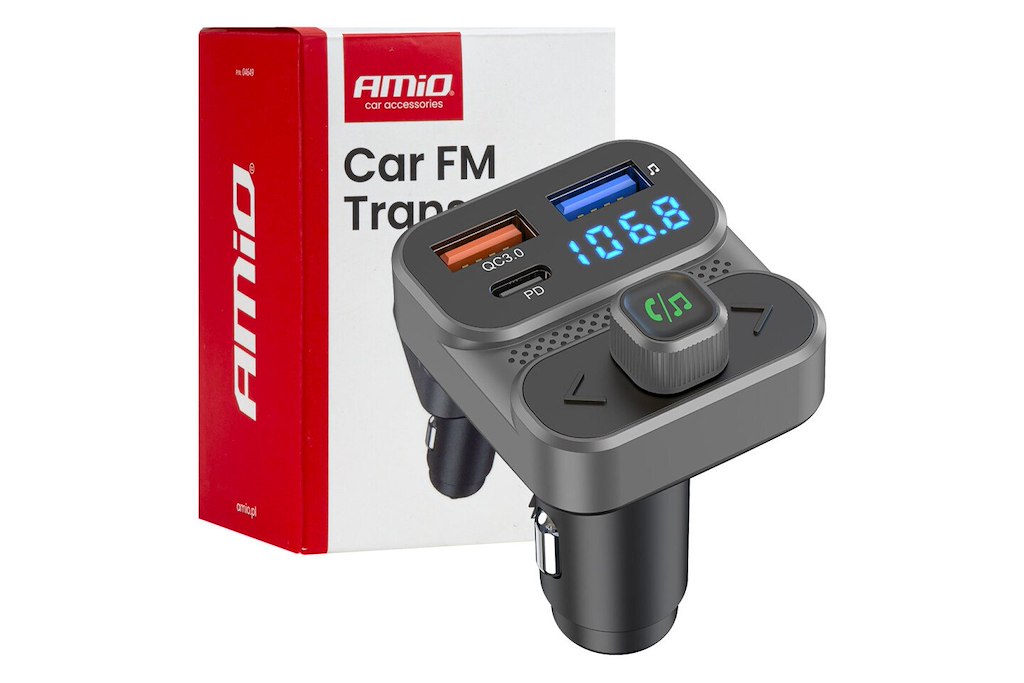 Automobilski FM predajnik 2×USB-A 1×USB 12V 24V AMIO-04649 Proizvod nedelje