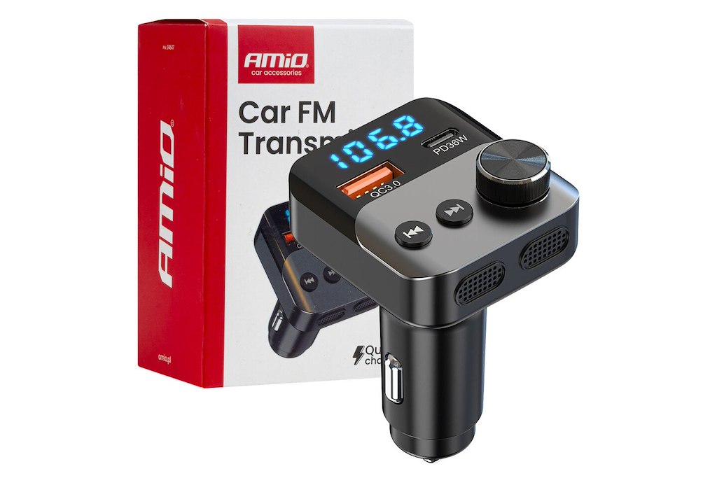 Automobilski FM predajnik 1×USB-A 1×USB-C 12V 24V AMIO-04647 Proizvod nedelje