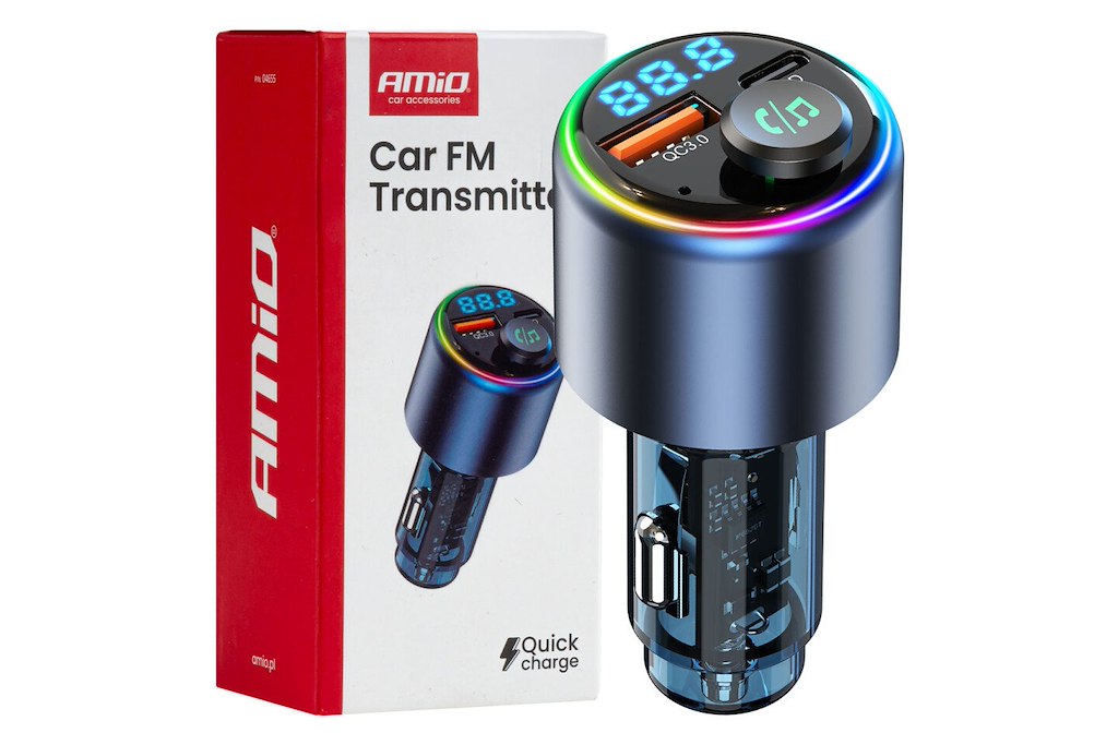Automobilski FM predajnik 1×USB-A 1×USB-C 12V 24V AMIO-04655 Proizvod nedelje