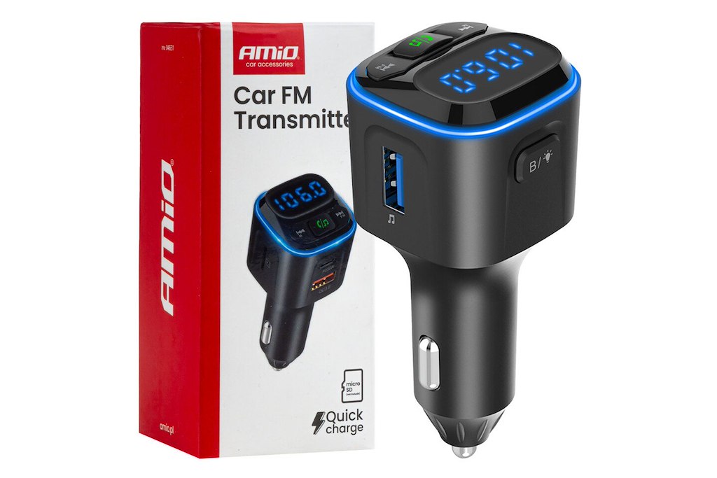 Automobilski FM predajnik microSD 1×USB-A 2×USB-C 12V 24V AMIO-04651 Proizvod nedelje