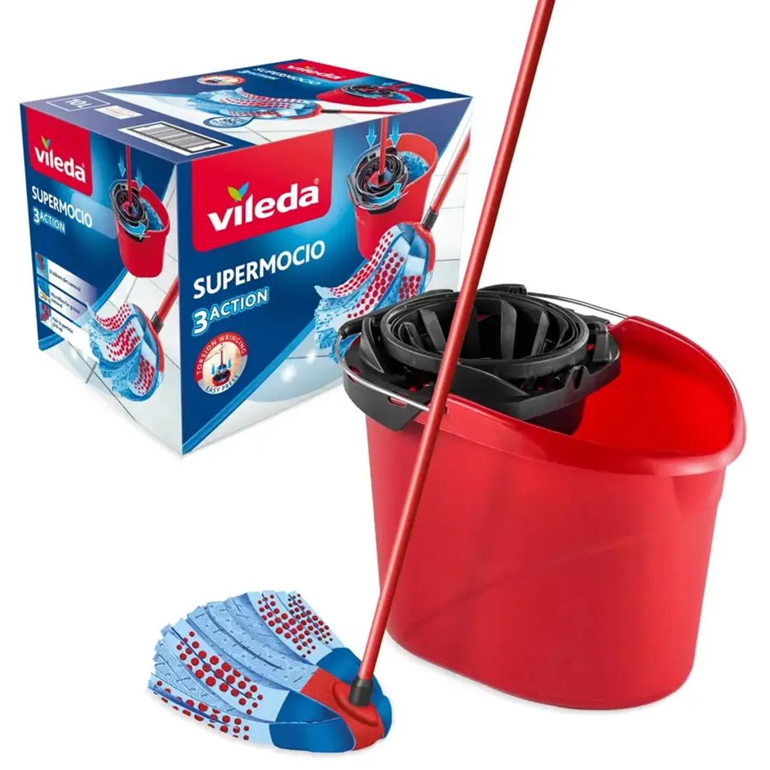 Vileda Set za brisanje podova SuperMocio 3Action XL, Mop i kanta, Crveni