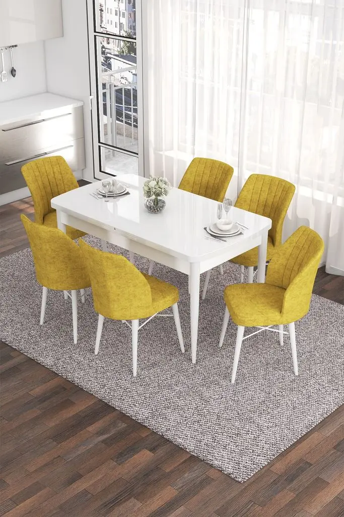 Hanah Home Set Trpezarijski sto i 6 stolica Eva, Žuto-beli