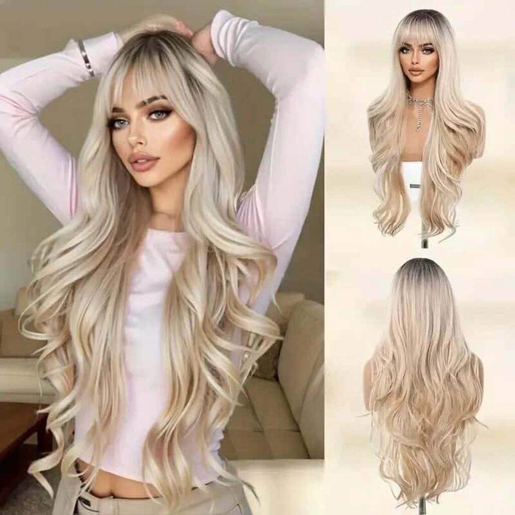   Dugačak talasasti perika sa šiškama – platinasto/pepelnasto plava