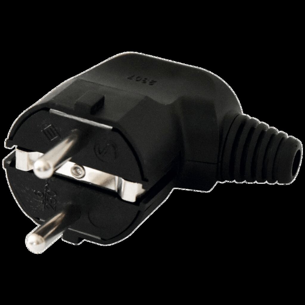 Angled Schuko power plug with specifications: Voltage: 250 V~