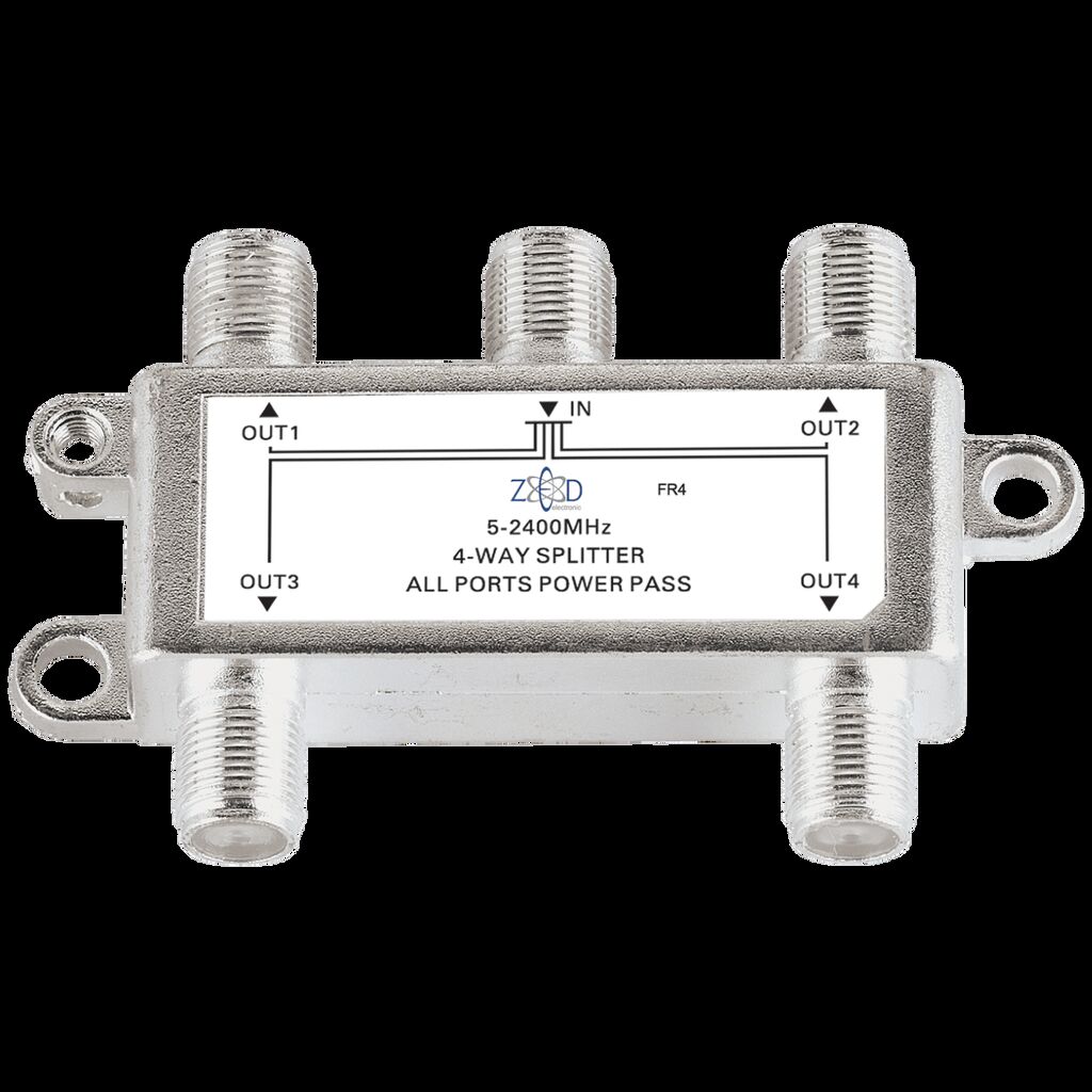 RF razdelnik na 4, otpor 75 Ohm, niklovano kućište, opseg 5-2400 MHz