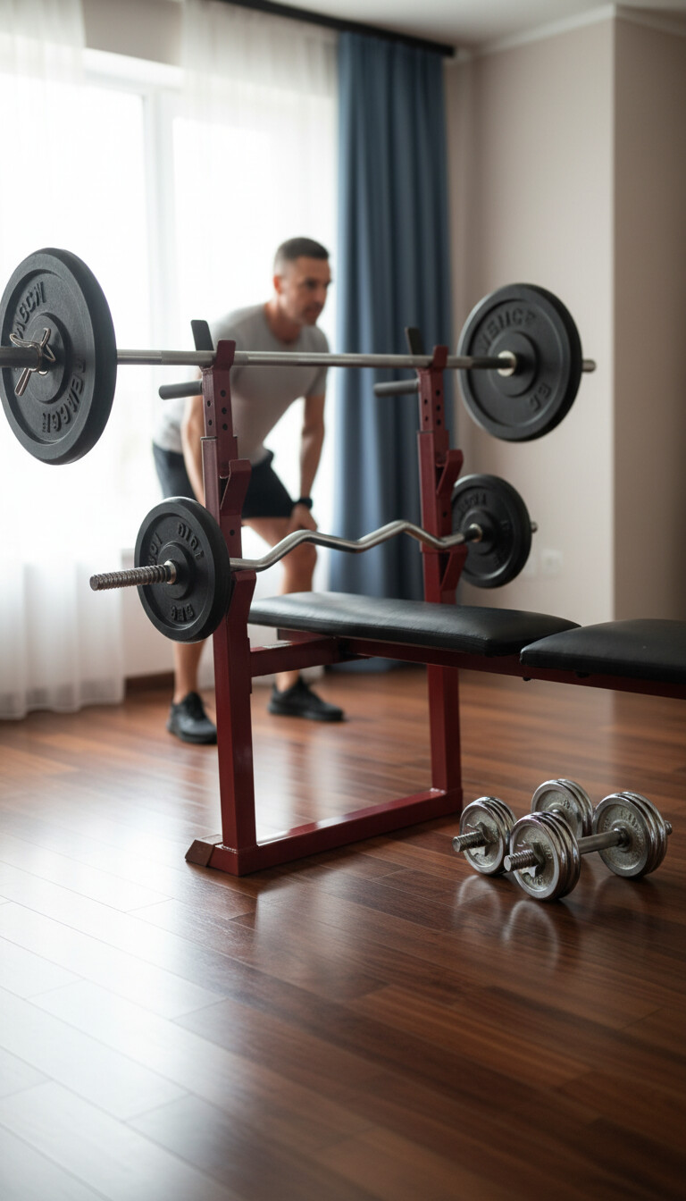 Višenamenska klupa za vežbanje sa stalkom za šipku i setom tegova. -