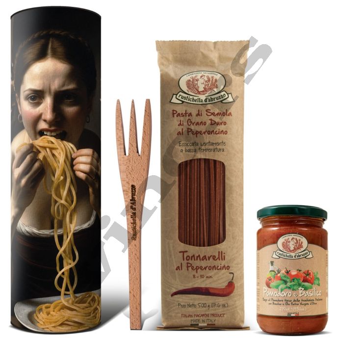 Rustichella d'Abruzzo Caravaggio Tube Gift Set (Tonnarelli al Peperoncino Pasta 500 g & Sugo Pomodoro e Basilico 270 g.)