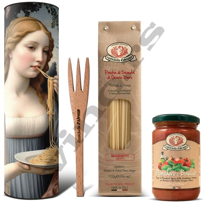 Rustichella d'Abruzzo Botticelli Tube Gift Set (Spaghetti Pasta 500 g & Sugo Pomodoro e Basilico 270 g.)
