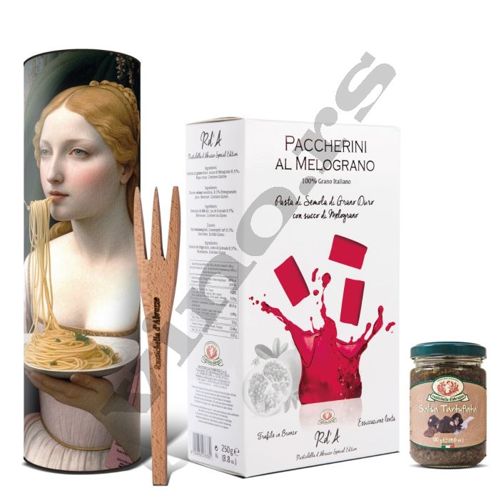 Rustichella d'Abruzzo Leonardo Tube Gift Set (Paccherini al Melograno 250 g. & Salsa Tartufata 130 g.)