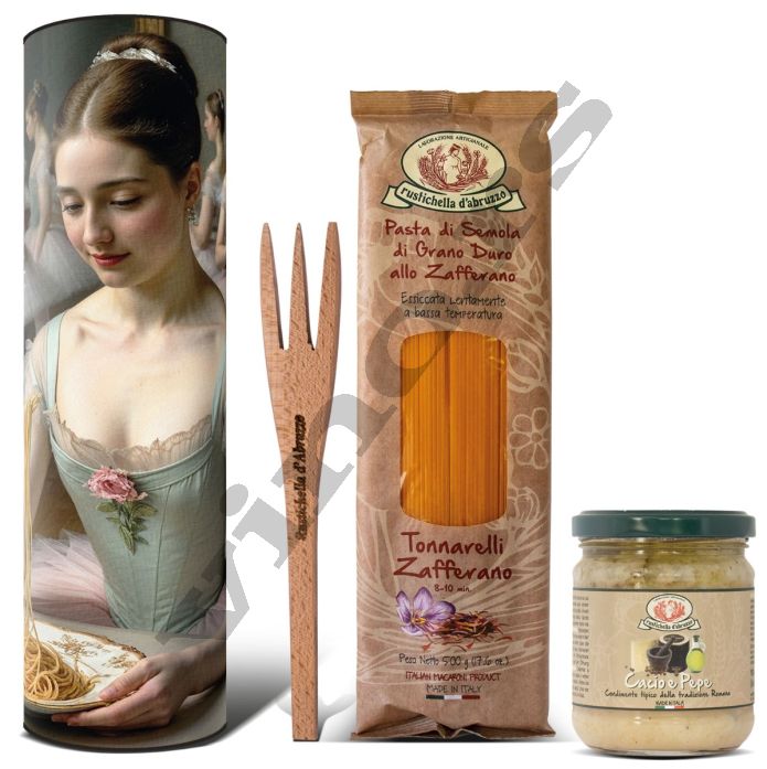 Rustichella d'Abruzzo Degas Tube Gift Set (Tonnarelli Saffron Pasta 500 g. & Cacio e Pepe Sauce 180 g.)