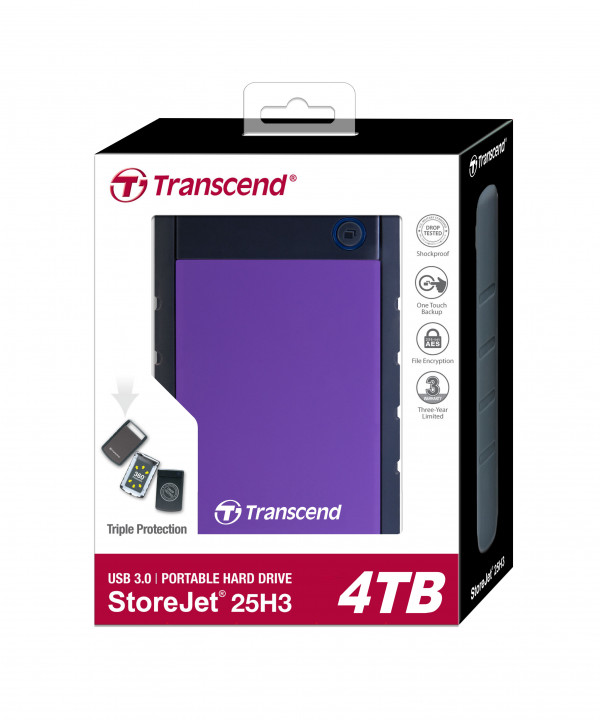 Transcend Eksterni hard disk HDD 4TB, H3P, USB3.0, 2.5'', Anti-shock system, Backup software, 308 gr, Black/Purple ( TS4TSJ25H3P )