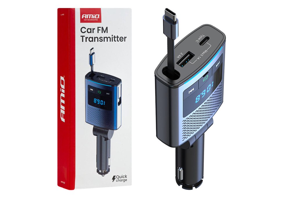 Automobilski FM predajnik 1×USB-A 1×USB-C 12V 24V AMIO-04656    Bez kablova
