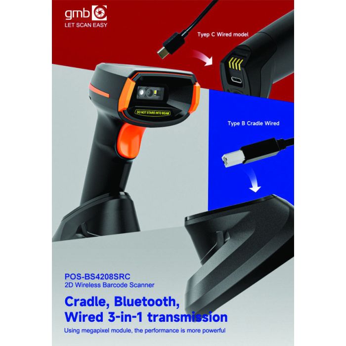 POS-BS4208SRC GMB 2d/OCR CMOS barcode scanner with CRADLE, barkod skener 2000mAh, 1MP, BT/WiFi