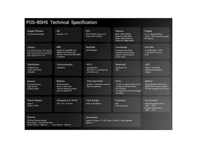 POS-BSH5 2D MT6762 5.5 4/64gb android 11, GPS, 1440x720, industrial touch PDA with 2D barcode skener
