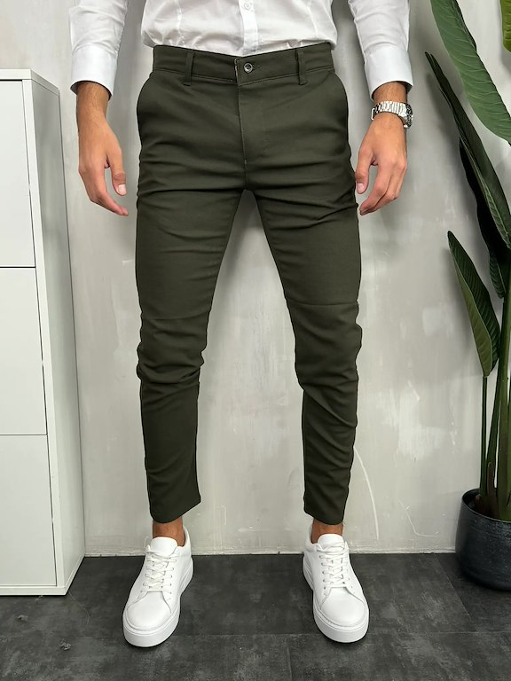 Muške elegantne pantalone maslinasto zelene slim fit