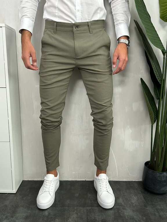 Muške elegantne pantalone maslinasto zelene boje slim fit
