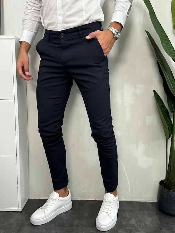 Muške elegantne pantalone teget boje slim fit