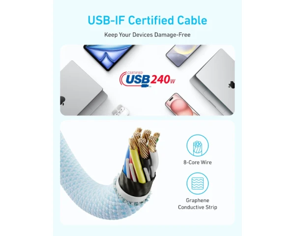 ANKER Zolo USB tip-C kabl MM 1.8m, za Apple, super brzo punjenje 240W480Mbps, pleteni, crni