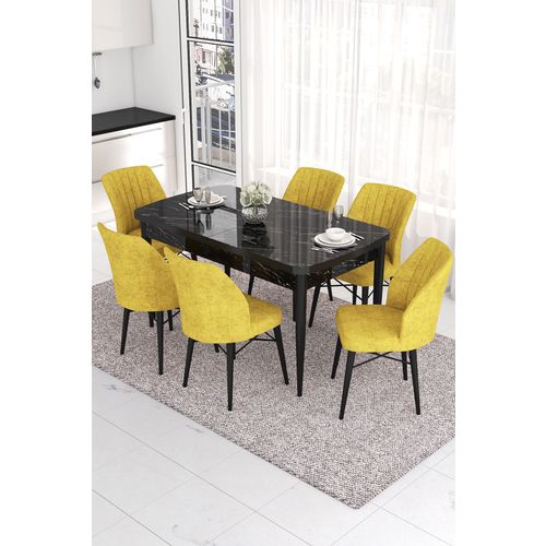 Eva - Crni Mramor, Mustard Crni Mramor - Produživi Trpezarijski Sto i Set Stolica (7 Delova)