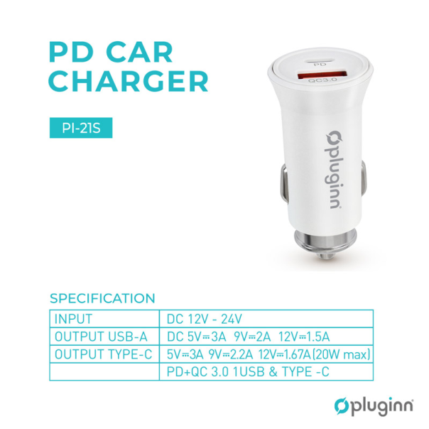 Auto punjač Pluginn PI-21S PD 20W QC 3.0 18W beli