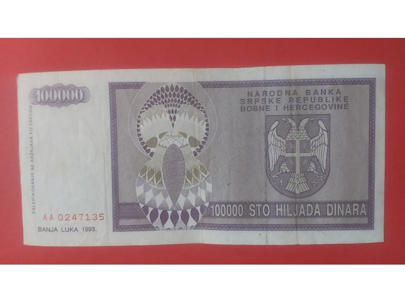 100.000 dinara 1993 god Republika Srpska Vf