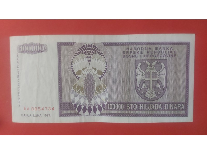 100.000 dinara 1993 god Republika Srpska Vf