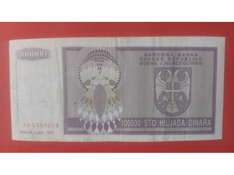 100.000 dinara 1993 god Republika Srpska Vf