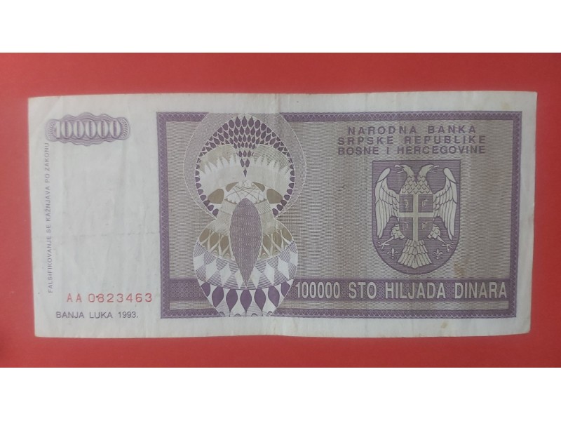 100.000 dinara 1993 god Republika Srpska Vf