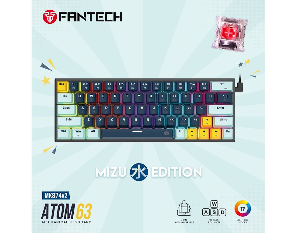 Tastatura Mehanicka Gaming Fantech MK874 RGB Atom 63 Navy (Red switch)