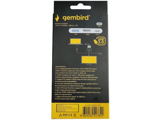 A-CM-HDMIF-05 ** Gembird TYPE-C TO HDMI + USB3.0 + PD ALUMINIUM ( 735)