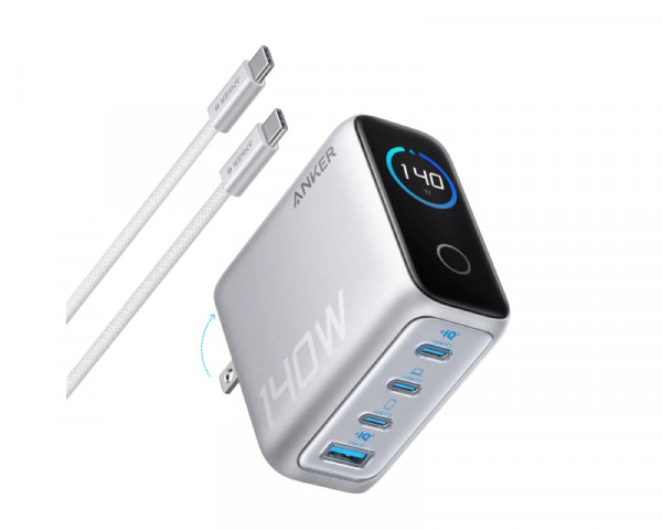 ANKER 140W GaN zidni brzi punjač, 4-porta (3x USB-C i 1x USB-A) sa USB-C MM pletenim kablom, srebrni