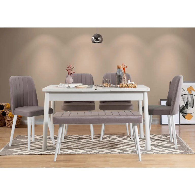 Hanah Home Set trpezarijski sto, 4 trpezarijske stolice i klupa Santiago Grey Belo-Sivi
