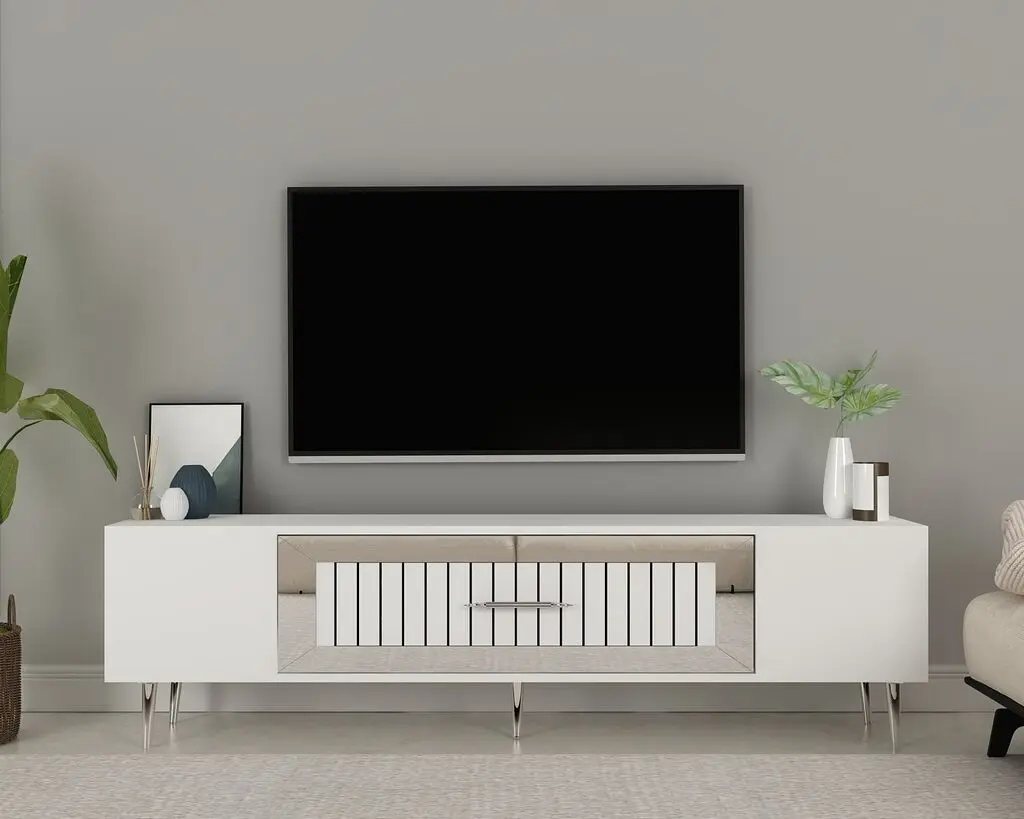 Hanah Home TV Komoda Dekolp3, 150x48,2x29,6 cm, Belo-Srebrne boje