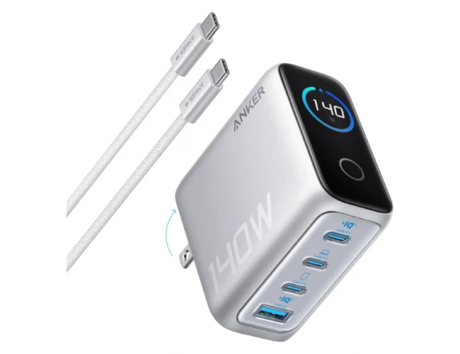Anker 140W GaN punjač za telefon sa 4-porta (3x USB-C i 1x USB-A) sa USB-C M/M pletenim kablom srebrni