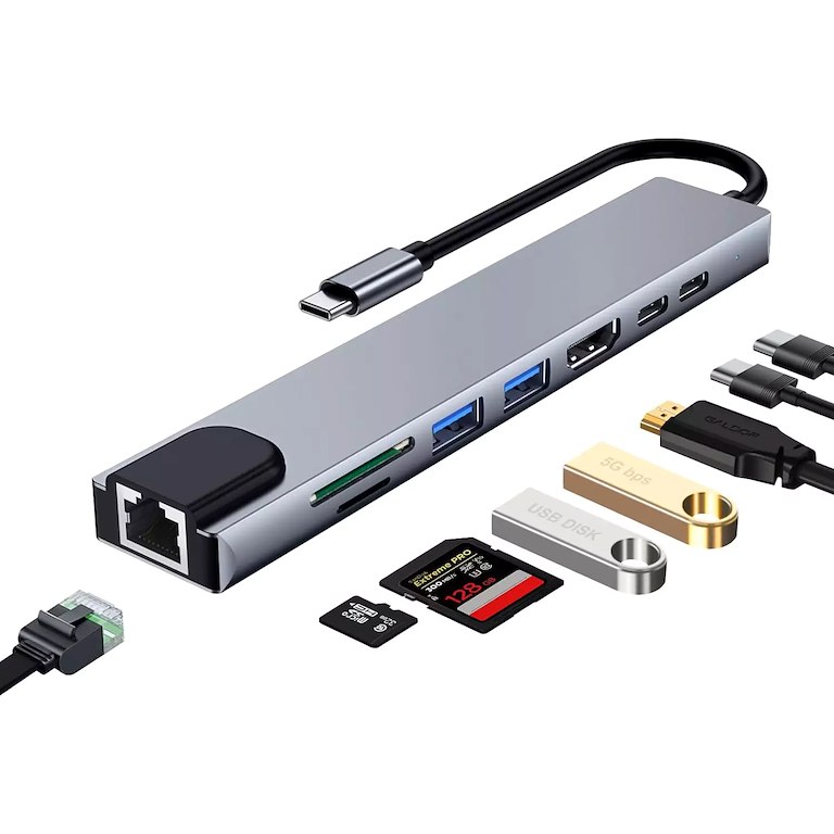 FAST ASIA USB HUB 8u1 → USB-C, HDMI, LAN, 2xPD, 2xUSB-A, TF, SD 100MBS