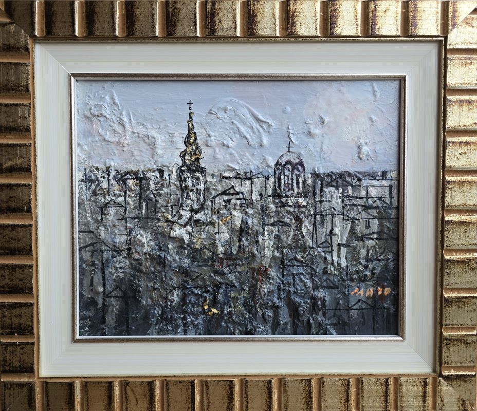 Beograd 4, Miodrag Mijo Elezović, ulje platno kaširano na lesonitu, sa 36×42 cm, bez 24×30 cm, sertifikat, 12980 dinara