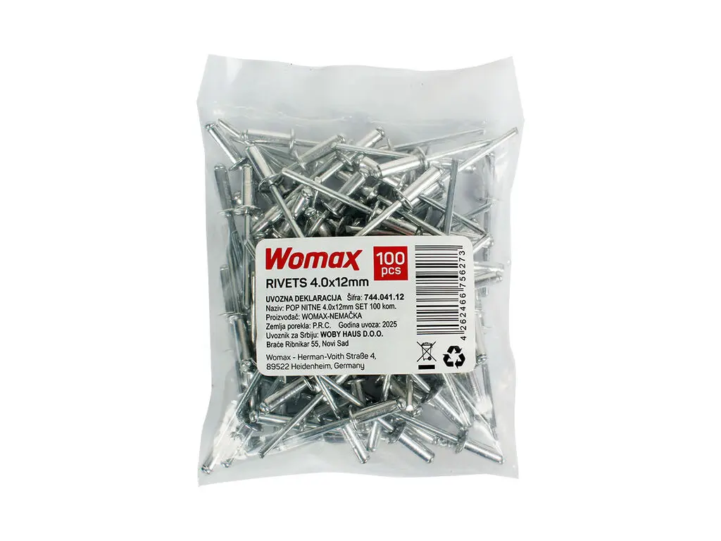 Womax Set pop nitni, 4.8x12 mm, 100 komada