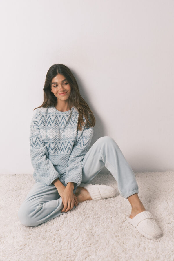 Long green fleece border print pyjamas