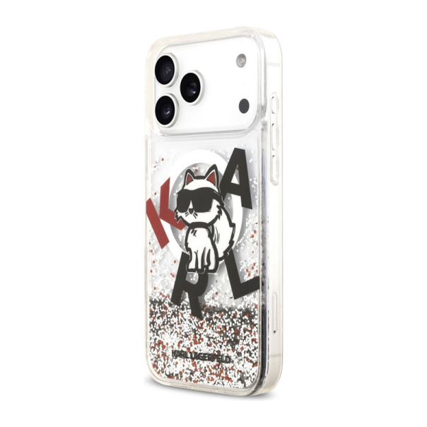 Maska za iPhone 17 Pro Max Karl Lagerfeld Liquid Glitter Choupette Logo MagSafe bela