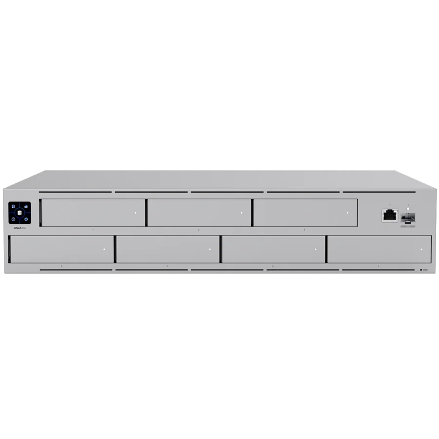 Ubiquiti UNAS-Pro-EU 2U rack-mount NAS with (7) 2.5/3.5" drive bays and 10 Gbps performance designed for large-scale file storage and sharing, (7) 2.5/3.5" HDD / SSD support, 10G SFP+ uplink and (...