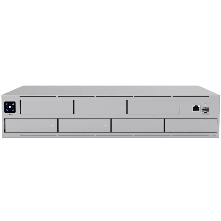 Ubiquiti UNAS-Pro-EU 2U rack-mount NAS with (7) 2.5/3.5" drive bays and 10 Gbps performance designed for large-scale file storage and sharing, (7) 2.5/3.5" HDD / SSD support, 10G SFP+ uplink and (...
