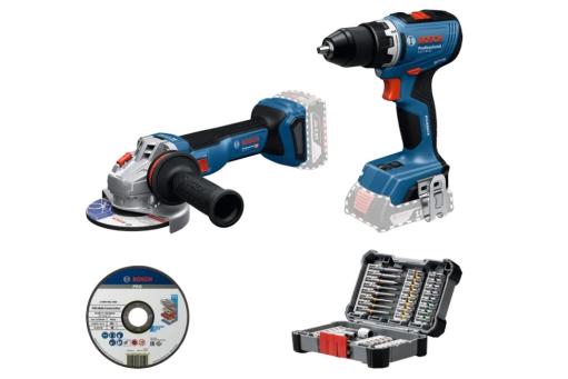 Bosch akumulatorski set Bosch GSR 18V-65 + GWS 18V-11 + 45-delni set bitova, 0615A50091