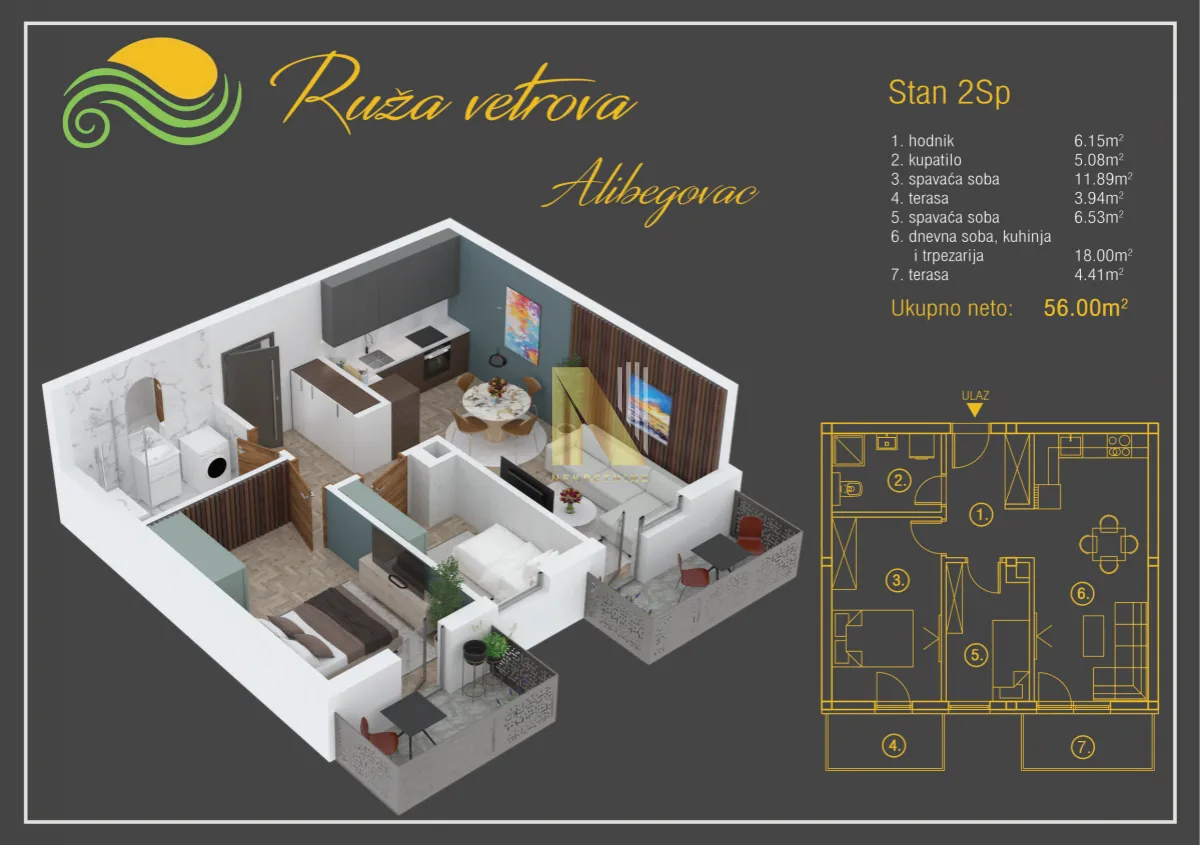 Prodaja, dvosoban stan, 56m², Alibegovac, Petrovaradin