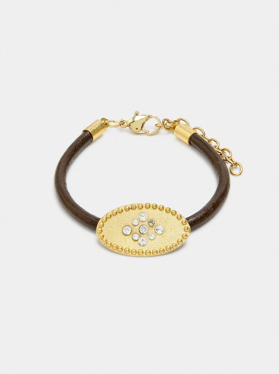 LEATHER CORD BRACELET WITH OVAL PLATE AND CRYSTALS