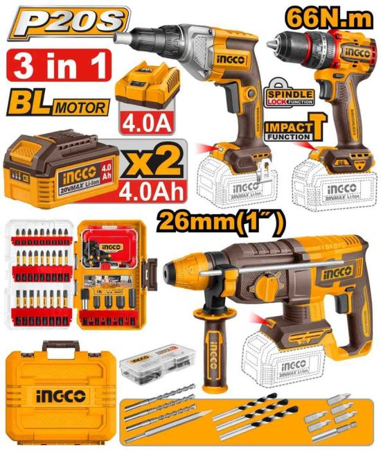Akumulatorski set vibraciona bušilica + čekić bušilica + šauber + 20V 2x4,0Ah + pribor Super INGCO COSLI250591E