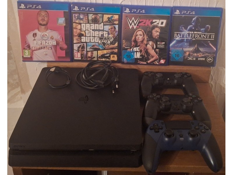 PS4 SLIM, 3 dzojstika, GTA V, FIFA 20, W2K20