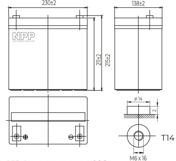 NPP NPG12V-55Ah, GEL BATTERY, C20=55AH, T14, 230*138*208*212, 15KG, Light grey